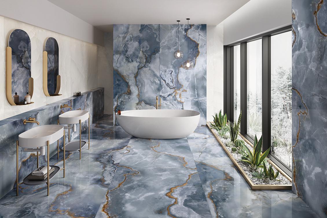 Marble-effect bathrooms: the elegance of porcelain stoneware